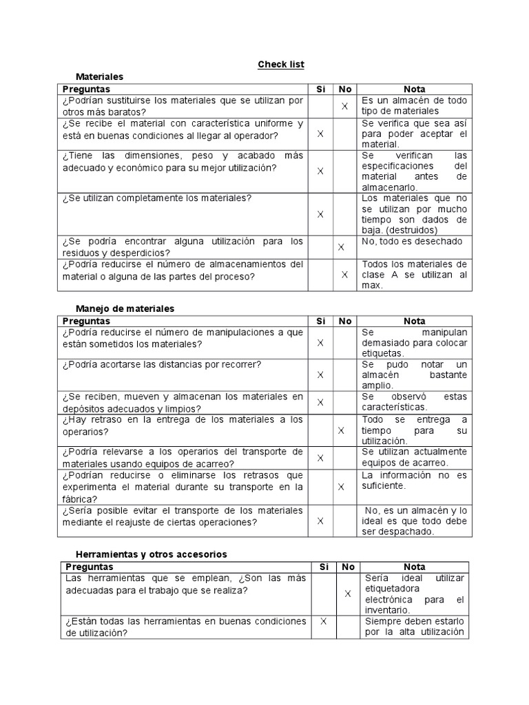 Check List | Herramientas | Almacén