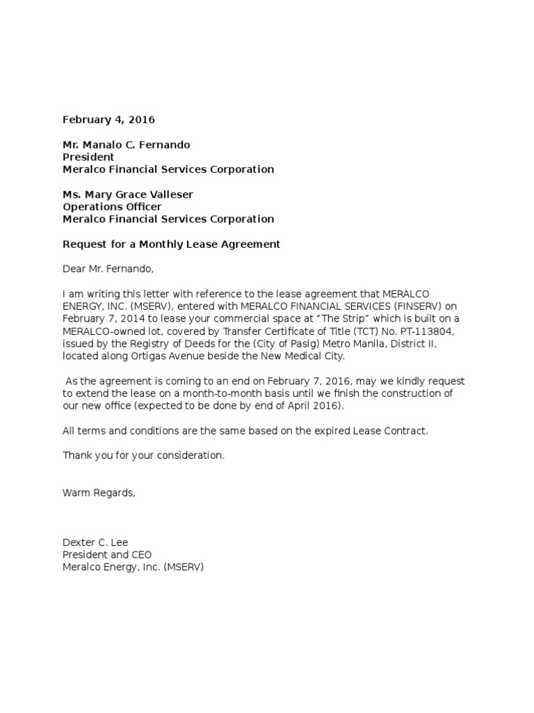 Month To Month Lease Letter Request | PDF