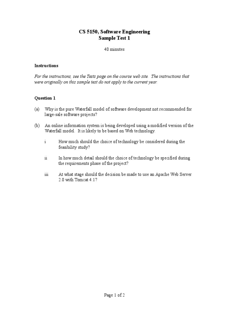 CS 5150, Software Engineering Sample Test 1: Instructions | PDF