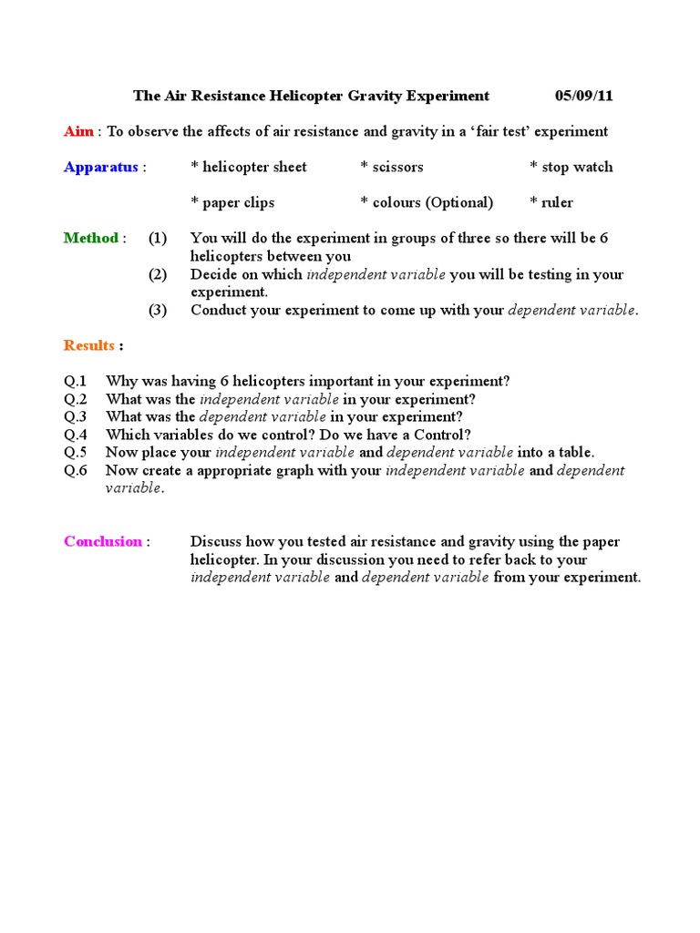 Paper Helicopter Air Resistence Gravity Experiment 2012 | PDF ...