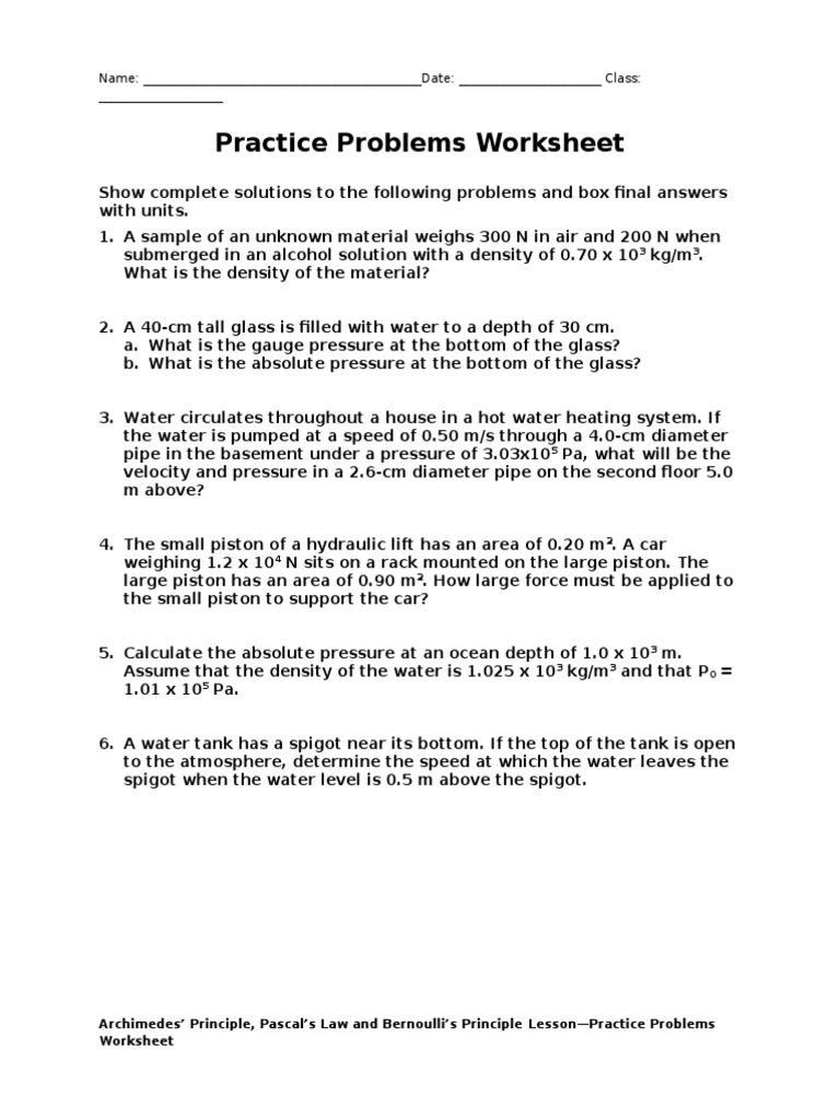 Archimedes, Pascal and Bernoulli Practice Problems | PDF | Pressure ...
