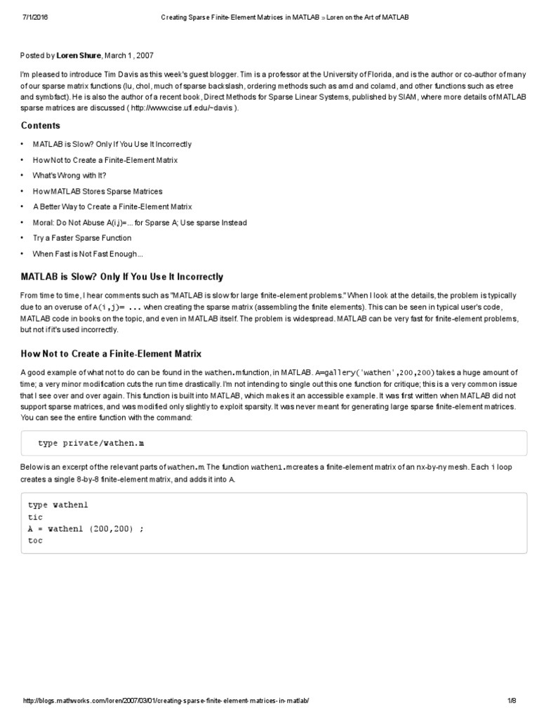 Creating Sparse Finite Element Matrices In Matlab Loren On The Art Of Matlab Pdf Matrix