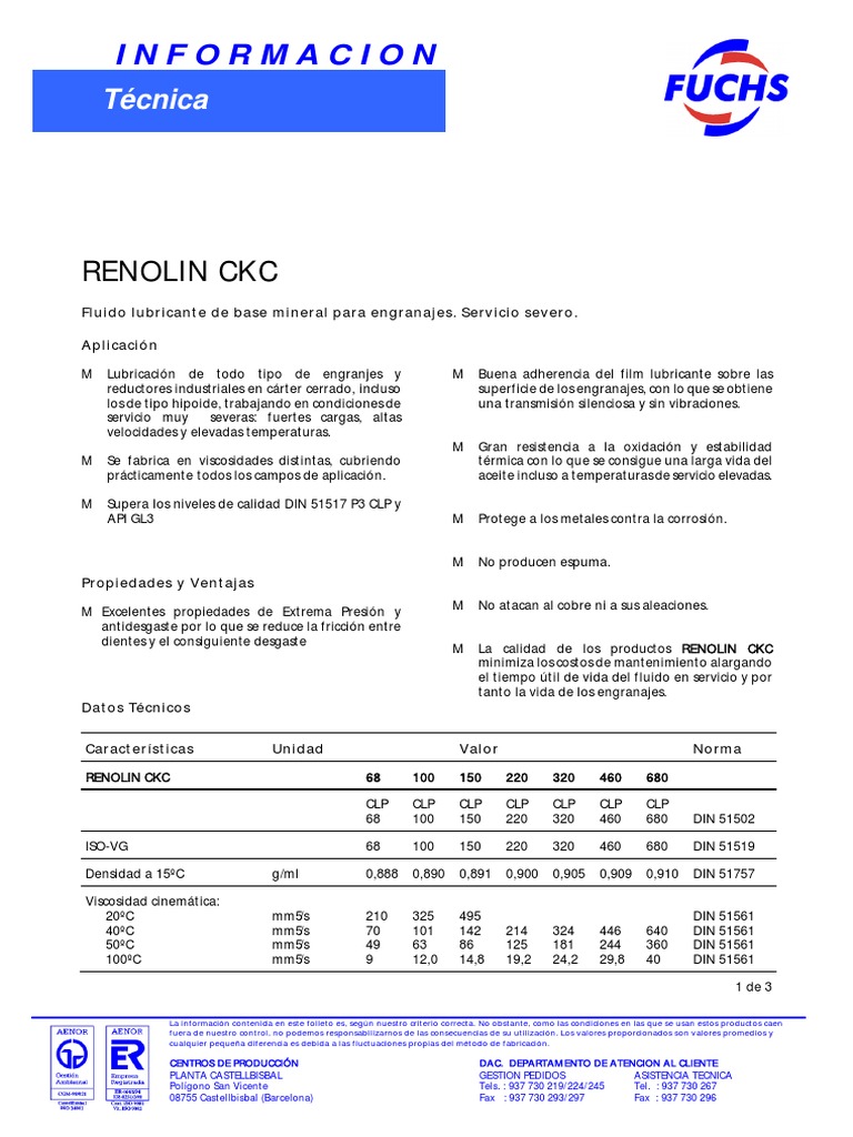 RENOLIN - CKC Ficha Técnica | PDF | Engranaje | Lubricante