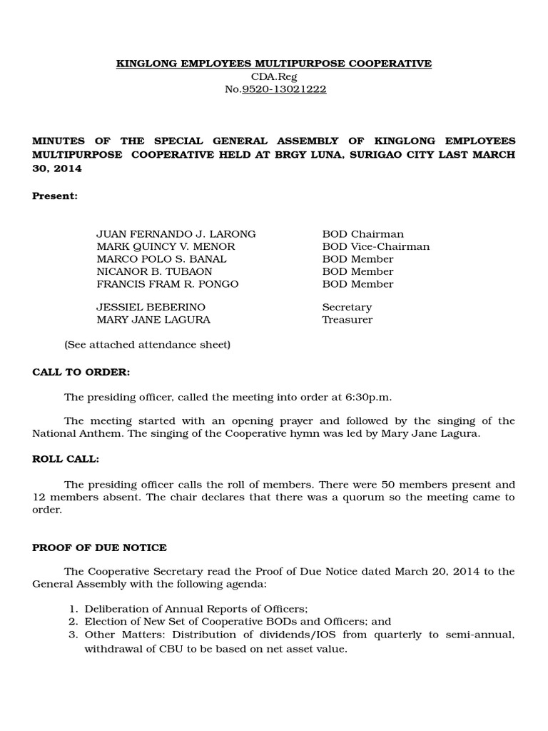 Kemp Coop Minutes For Cert of Good Standing | PDF | Chairman | Cooperative