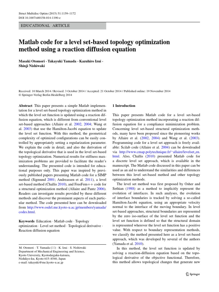 Matlab Code For A Level Set Based Topology Optimization Method Using A Reaction Diffusion