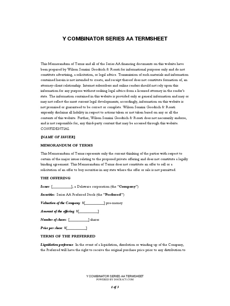 Y Combinator Series AA Term Sheet | PDF | Stocks | Mergers And Acquisitions