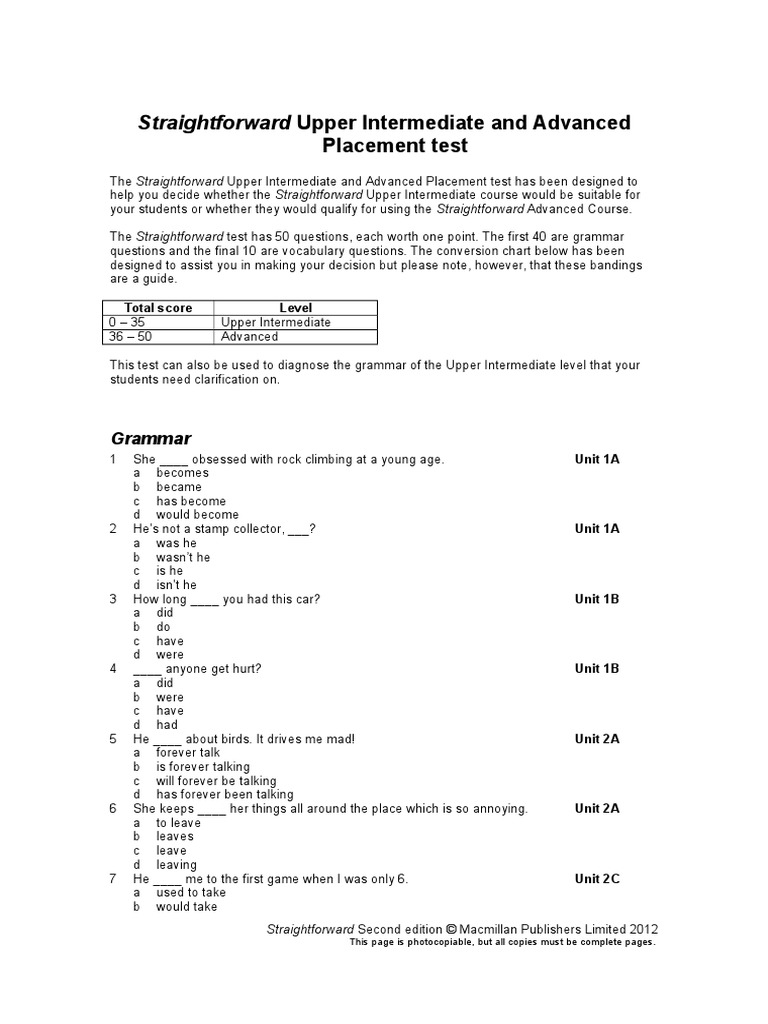 Upper Intermediate and Advanced Placement Test | PDF | Advanced ...