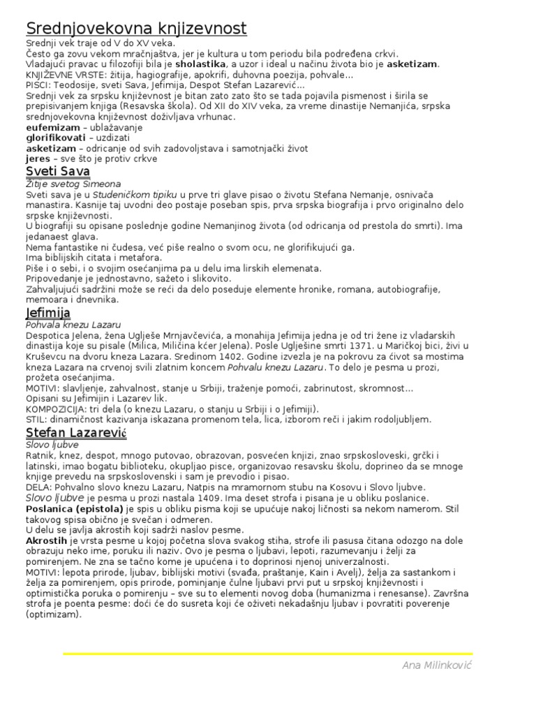 Srpska Srednjovekovna Knjizevnost Ana Milinkovic PDF | PDF