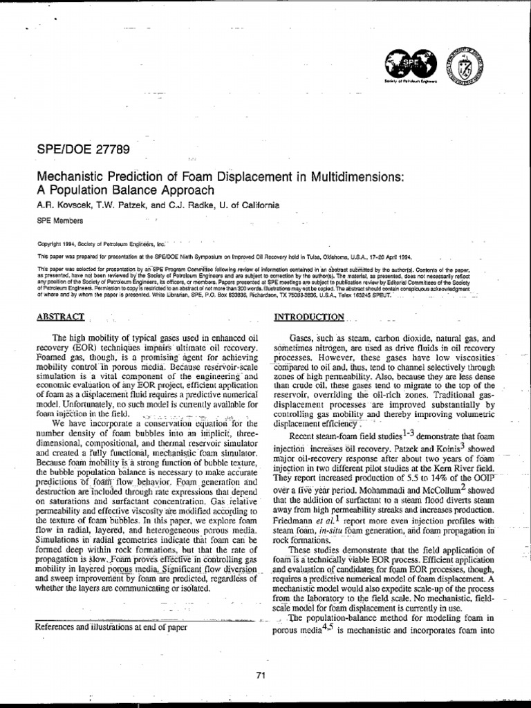 SPE/DOE 27789 Mechanistic Prediction of Foam Displacement in A Population Balance Approach ...