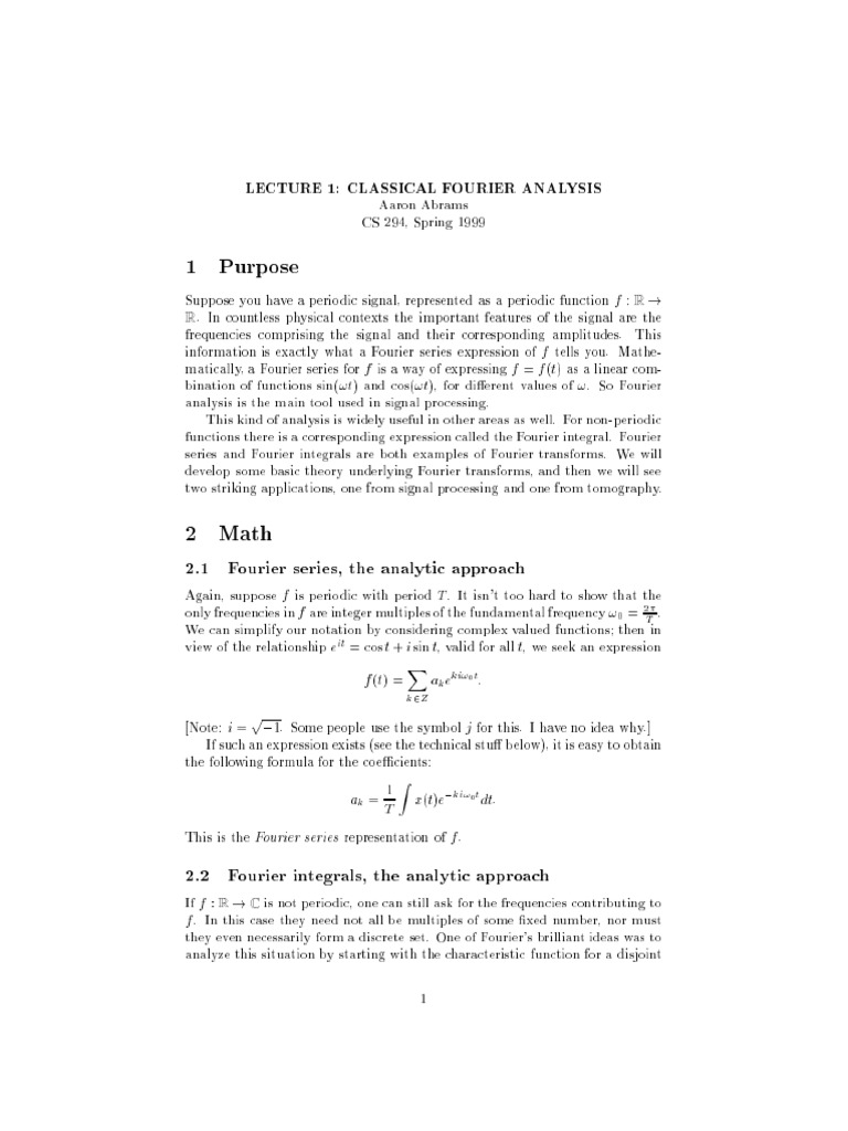 2.1 Fourier Series, The Analytic Approach: Lecture 1: Classical Fourier ...