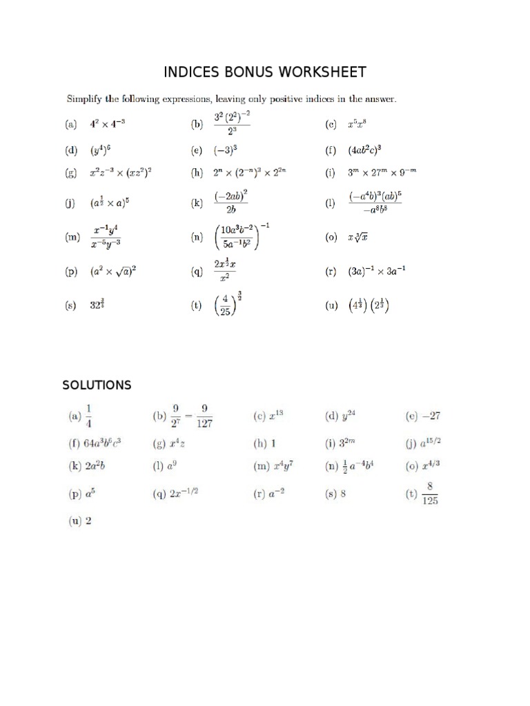 Indices Bonus Worksheet: Solutions | PDF