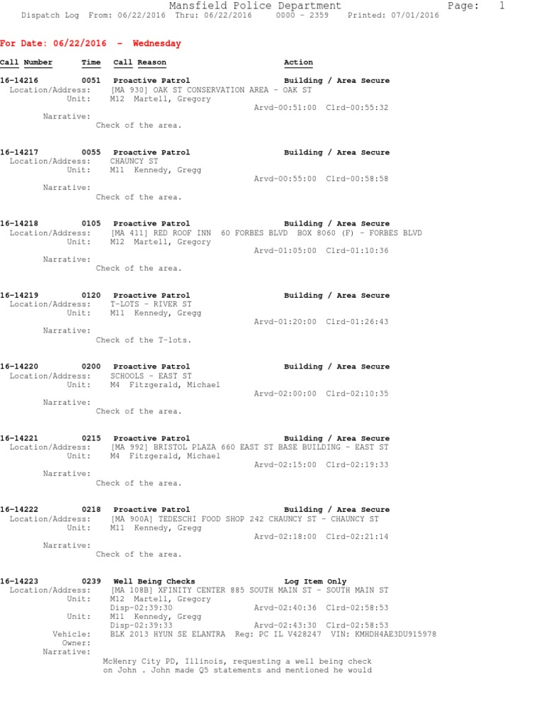 Police Log June 22, 2016 | PDF | Vehicles | Transport