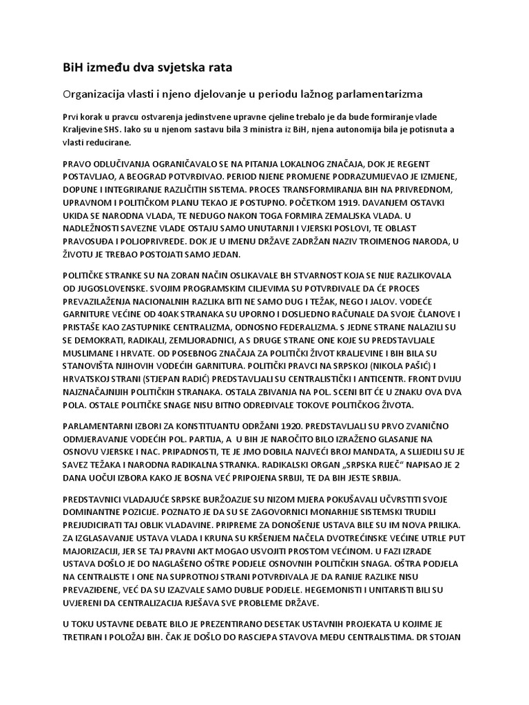 Historija BiH Između Dva Svjetska Rata | PDF