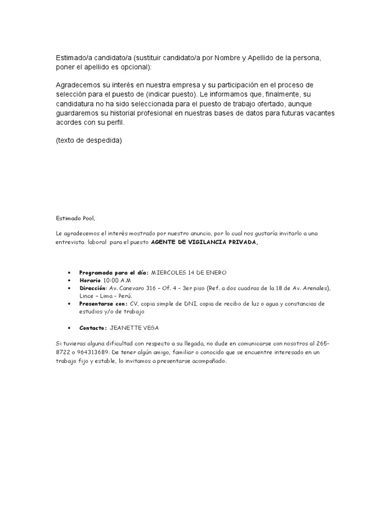 Modelo de Rechazo de Candidatos y Cita | PDF | Negocios | Derecho