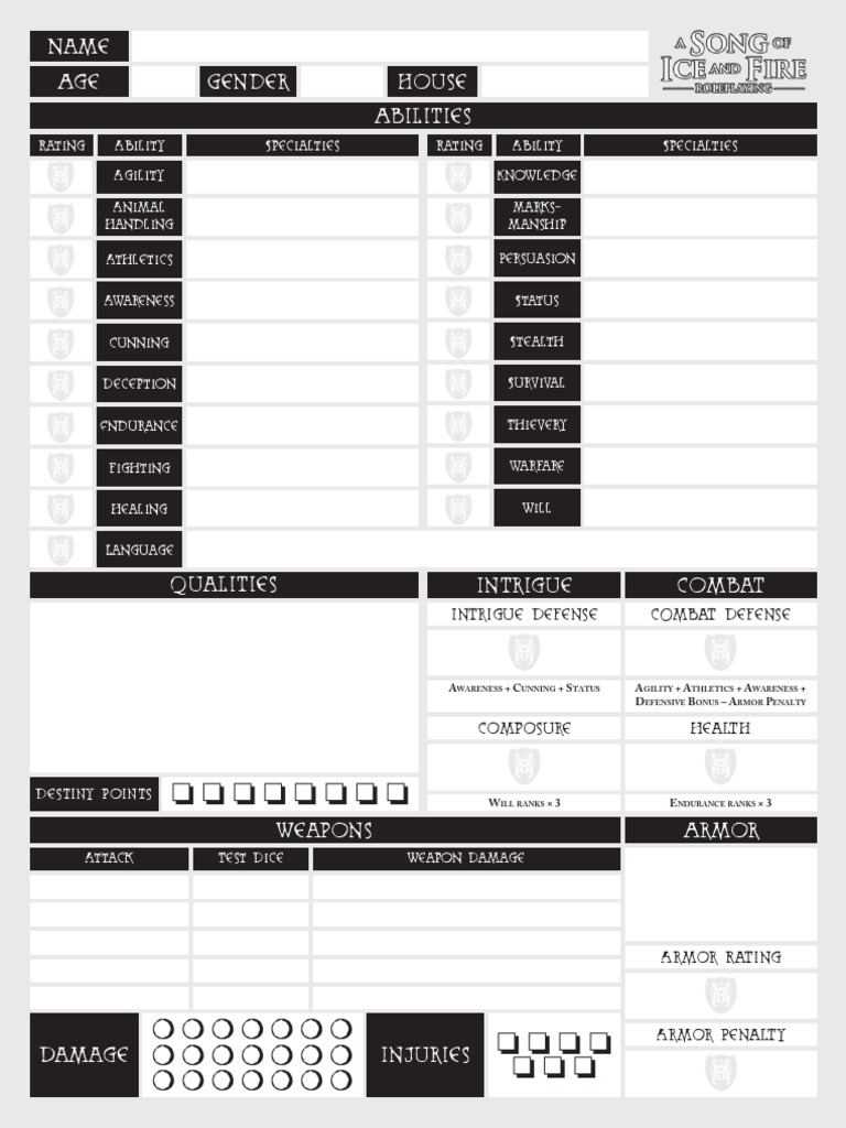 aSoIaF Character Sheet | PDF | Role Playing Games | Gaming