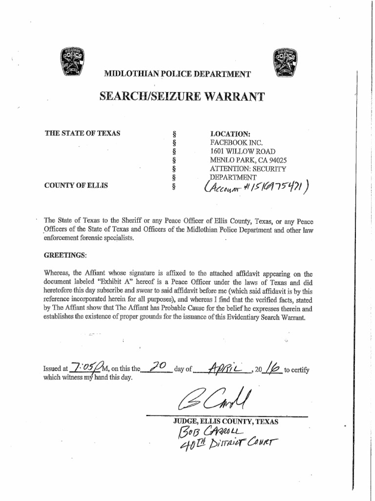 Brandon Bevers Facebook Search Warrant | PDF