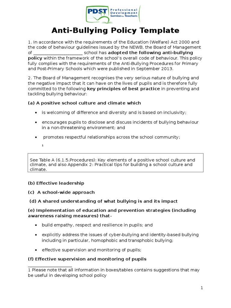 Anti Bullying Policy Template Primary - 0 | PDF | Bullying | Harassment