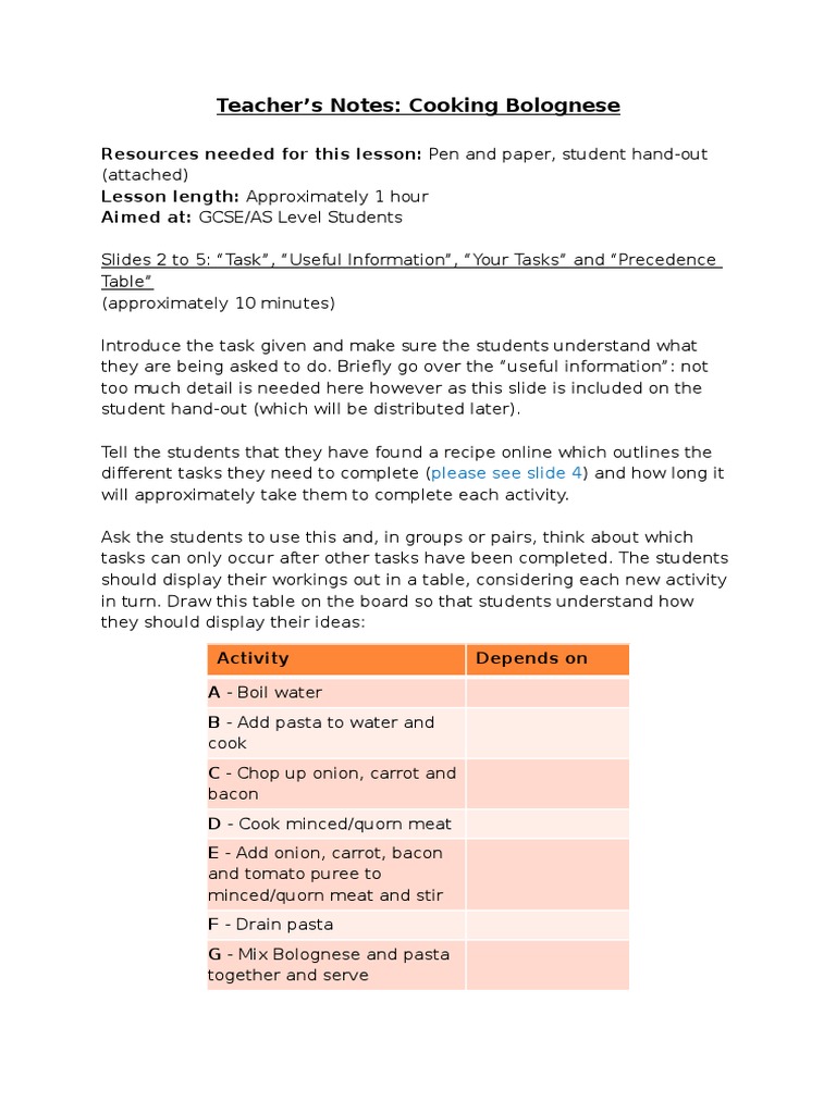 Bolognese Cooking Lesson Plan Guide | PDF | Career & Growth | Art