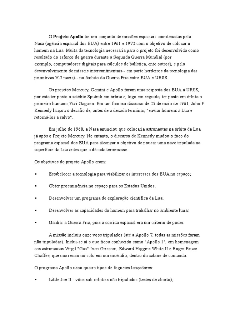 História e Impacto do Projeto Apollo | PDF | Programa Apollo | Espaço ...