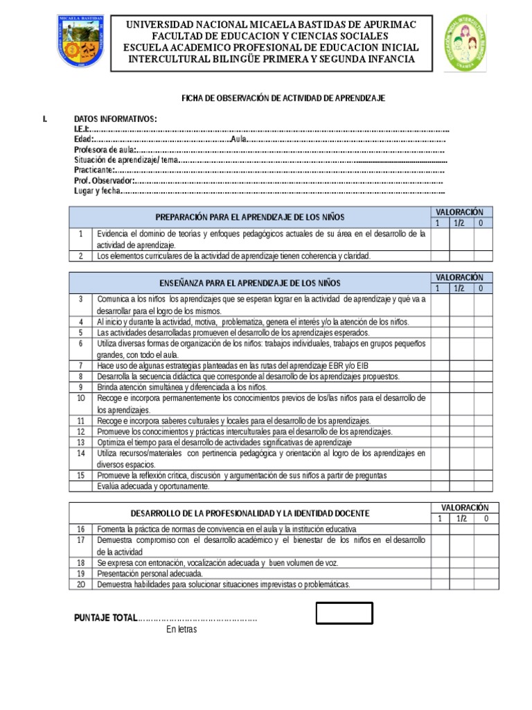 Ficha de Observación Jardin | PDF | Enseñando | Aprendizaje