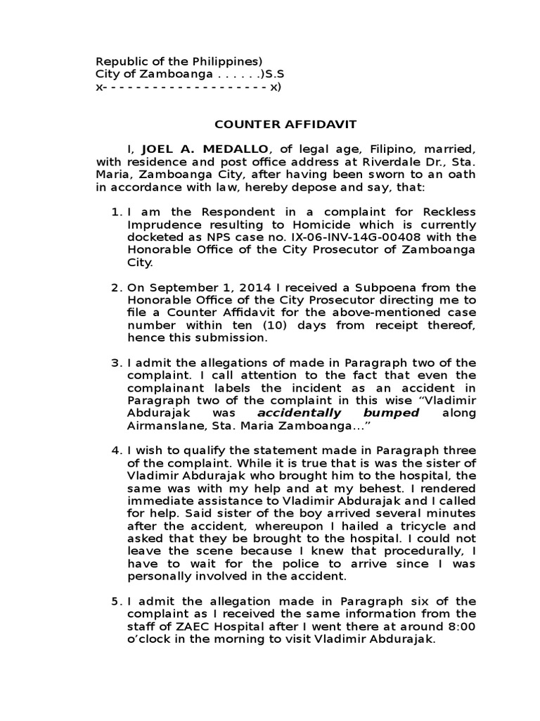 Counter Affidavit Reckless Imprudence | PDF | Common Law | Government