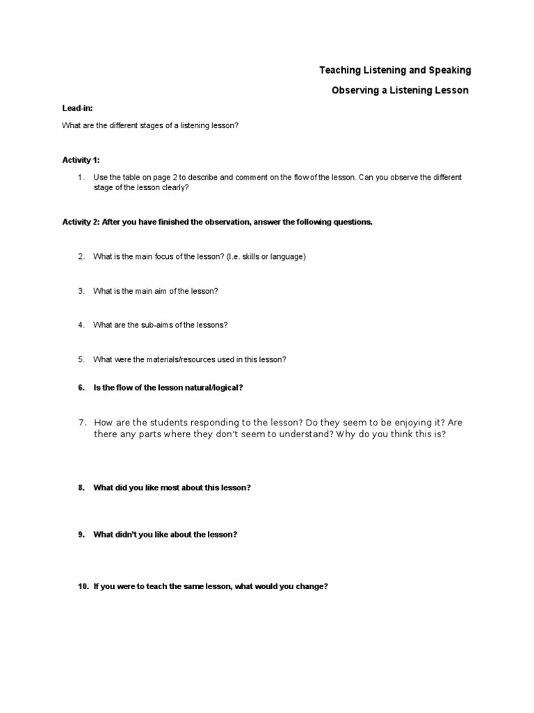 Listening Lesson Observation Guide | PDF
