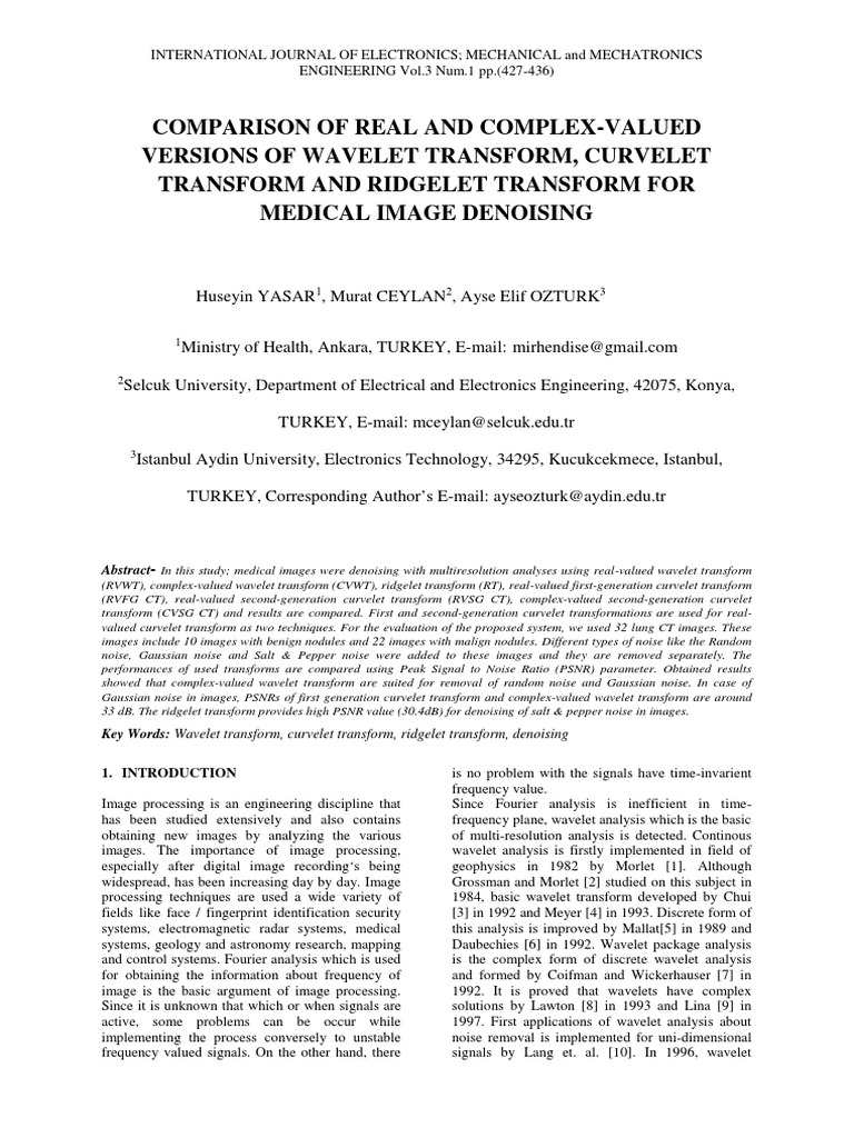 3 Wavelet Transform, Curvelet Transform and Ridgelet Transform For Medical Image Denoising | PDF ...