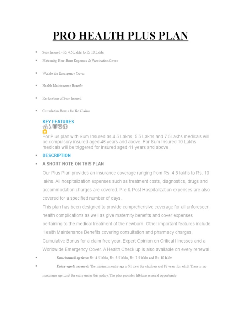 Pro Health Plus Plan: Key Features | PDF | Insurance | Hospital