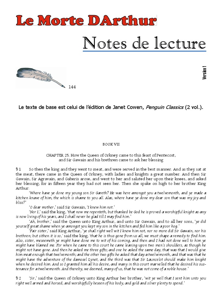 "Le Morte DArthur": Notes de Lecture Volet 144 | PDF | Medieval Legends ...
