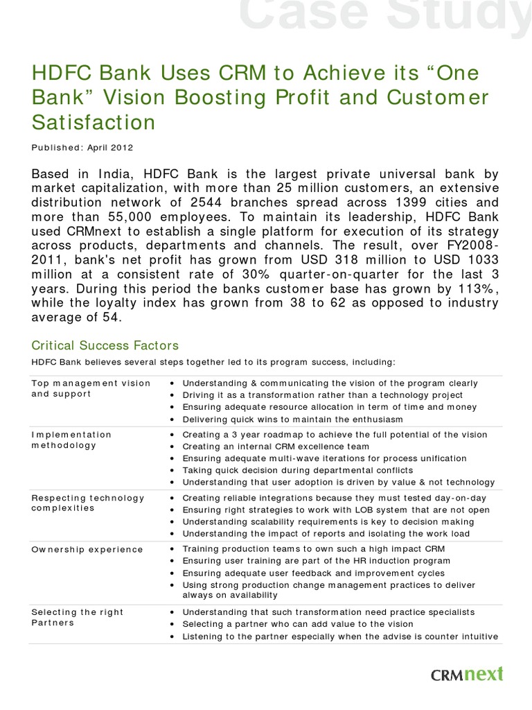 Case Study - CRMnext Implementation at HDFC Bank - 1 PDF | PDF ...