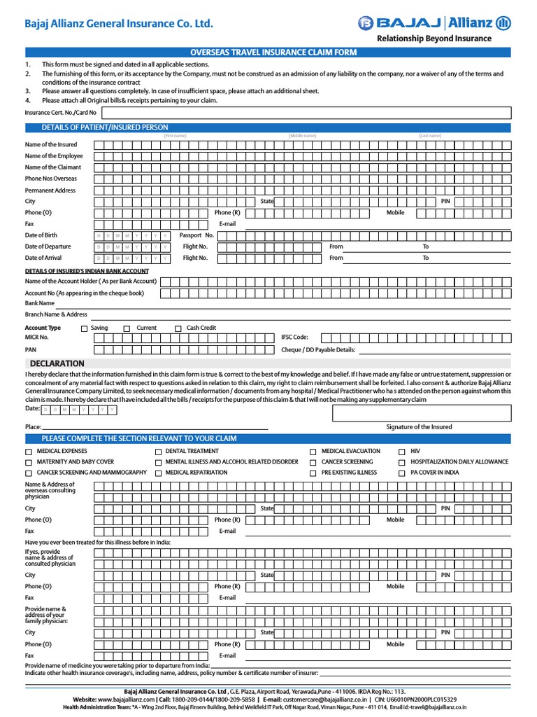 Overseas Travel Insurance Claim Form Pdf Cheque Insurance