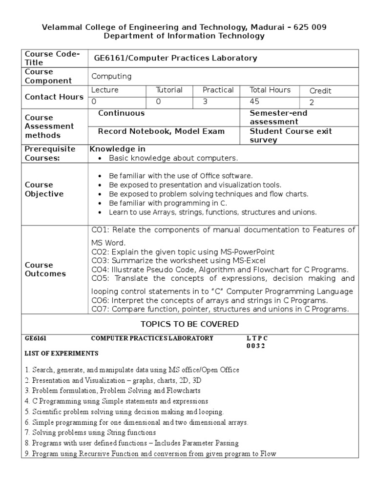 GE6161 Computer Practices Laboratory LTPC 0 0 3 2 List of Experiments | PDF | C (Programming ...