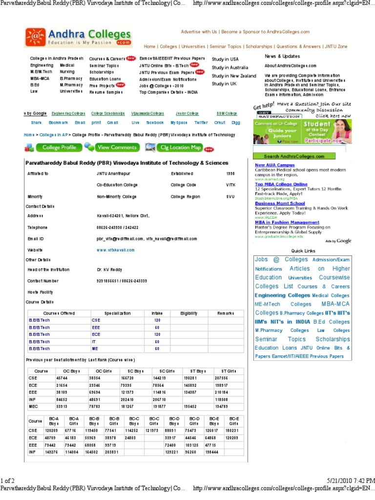Parvathareddy Babul Reddy (PBR) Visvodaya Institute of Technology ...