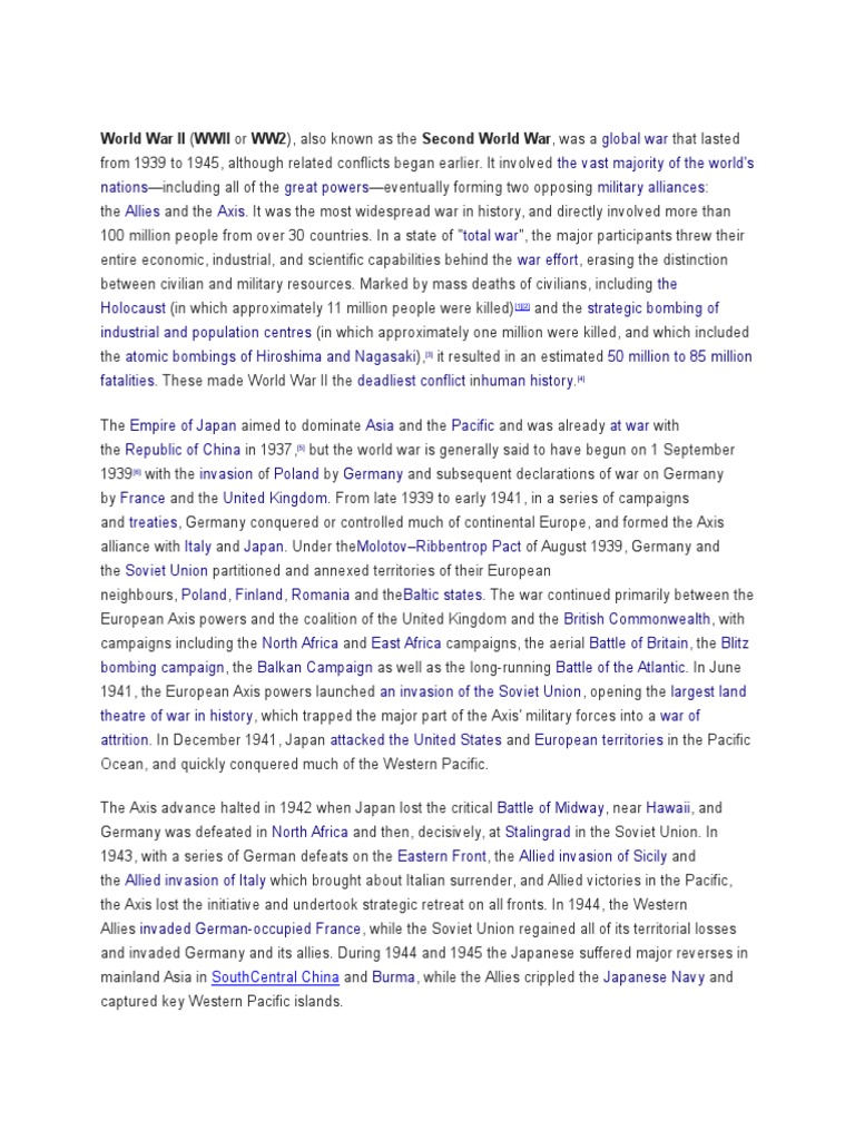 World War II (WWII or WW2), Also Known As The Second World War, Was A | PDF