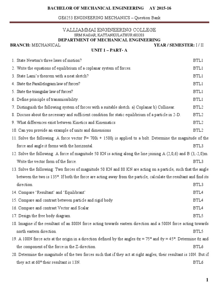 Mechanical Engineering Question Bank on Engineering Mechanics Covering ...