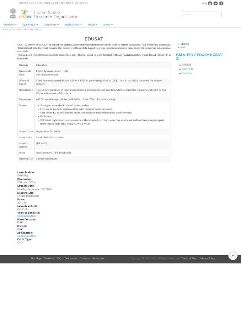 Edusat: Gslv-F01 / Edusat (Gsat-3) | PDF
