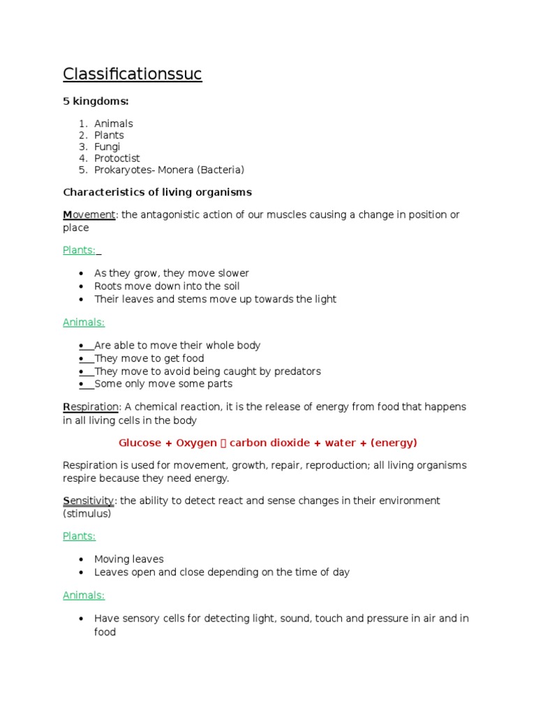 Classification NOTES | PDF | Cell (Biology) | Plants