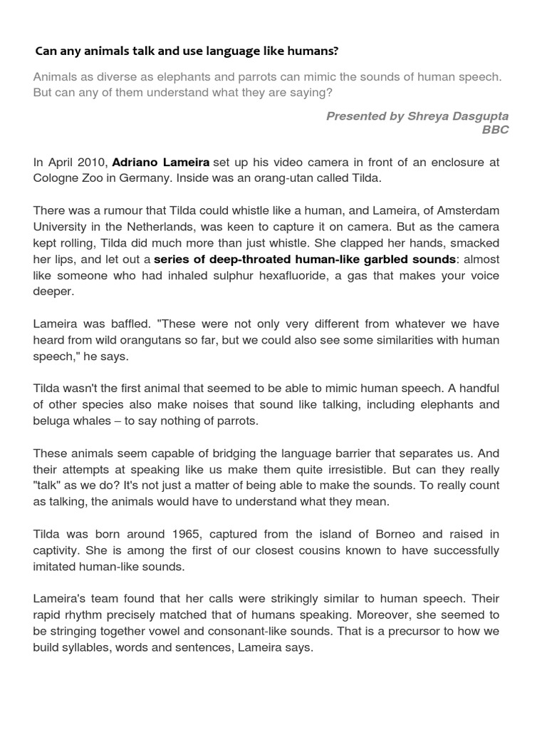 Can Any Animals Talk and Use Language Like Humans | PDF | Zoology ...