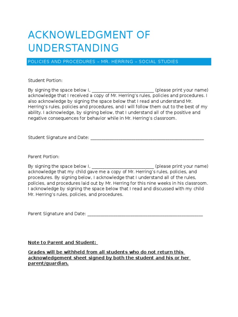 Acknowledgment of Understanding | PDF | Behavior Modification | Applied ...