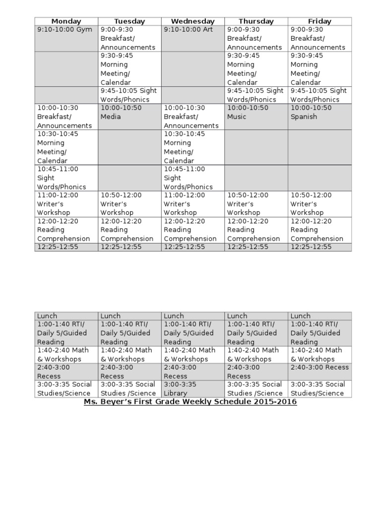 First Grade Weekly Schedule | PDF