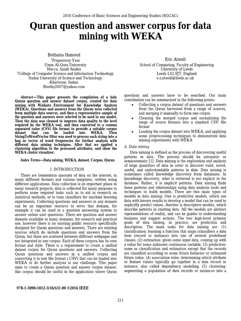 Quran Question and Answer Corpus For Data Mining With WEKA | PDF | Comma Separated Values | Data ...