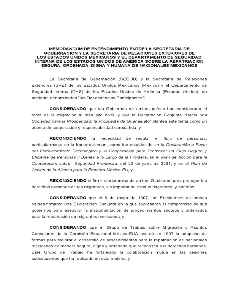 8.4 Memorandum de Entendimiento Repatriaciones | PDF | Migración humana ...