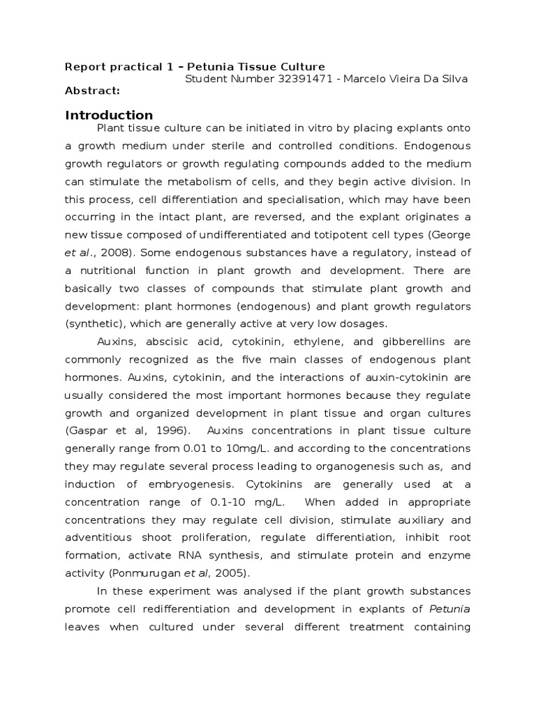 Report Practical 1 Petunia Tissue Culture Pdf Plant Hormone Auxin