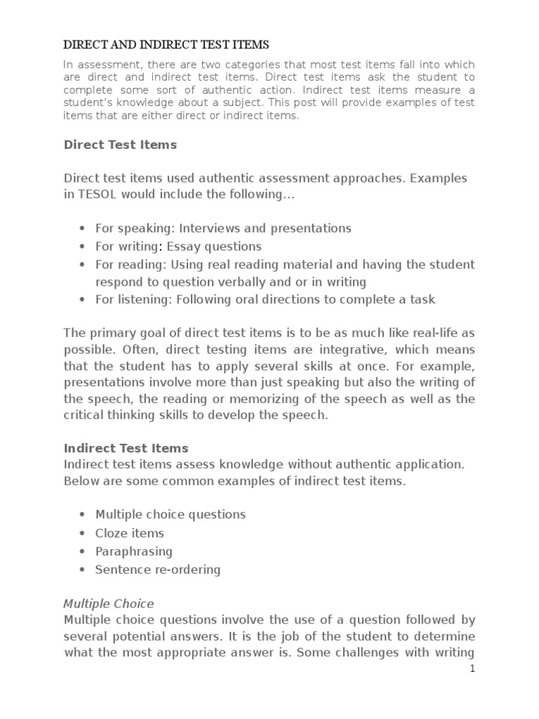 Direct and Indirect Test Items | PDF | Multiple Choice | Question
