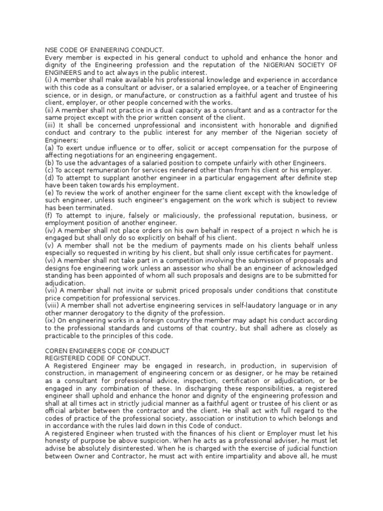 Nse Code of Enineering Conduct | PDF | Engineer | Employment