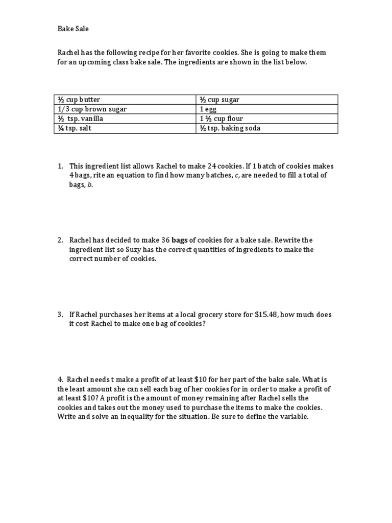 Bake Sale Cookie Profit Calculations | PDF | Foods | Teaching Mathematics