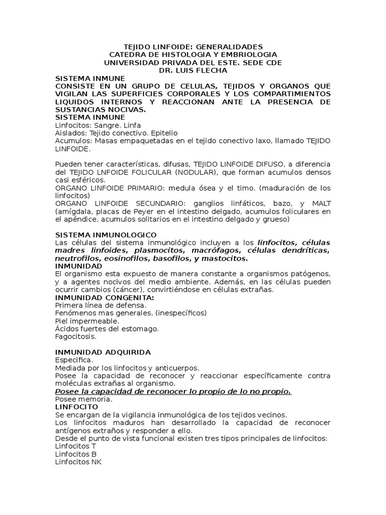 Generalidades del Tejido Linfoide | PDF | Linfocitos | Sistema inmune