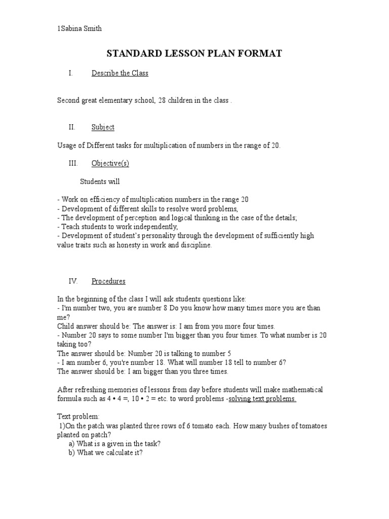 Standard Lesson Plan | PDF | Multiplication | Flowers