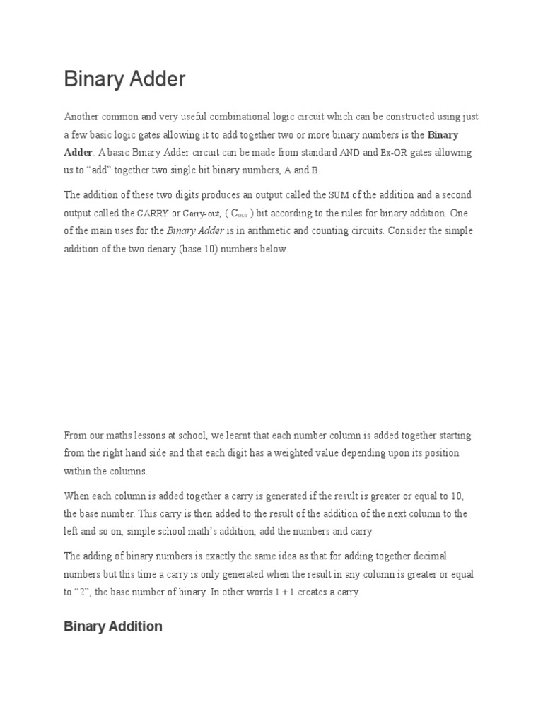 Binary Adder: Adder. A Basic Binary Adder Circuit Can Be Made From ...