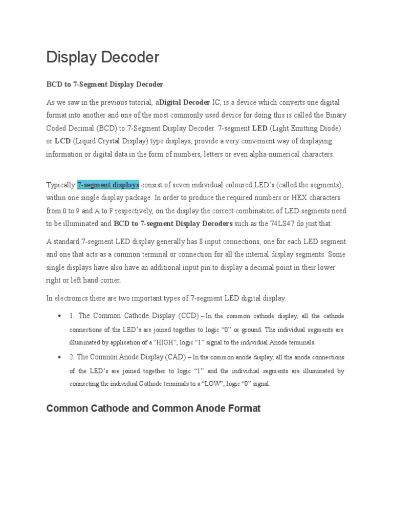 Bcd To 7 Segment Display Decoder Explained Pdf Binary Coded Decimal Light Emitting Diode